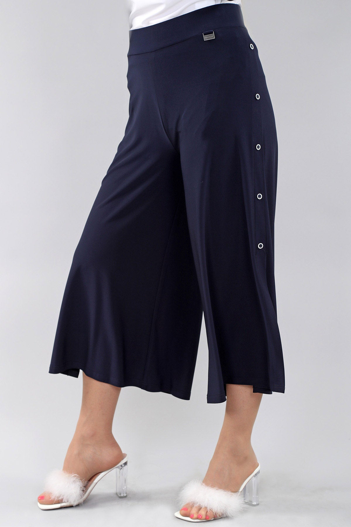 Navy Capri Pants with Side Buttons and Flat Front – Twist Boutique