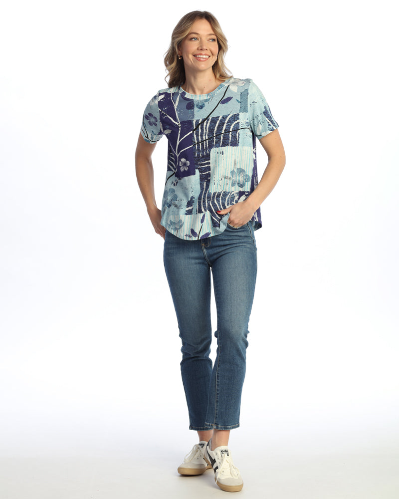 Blue Pattern Round Neck Short Sleeve Top – Twist Boutique